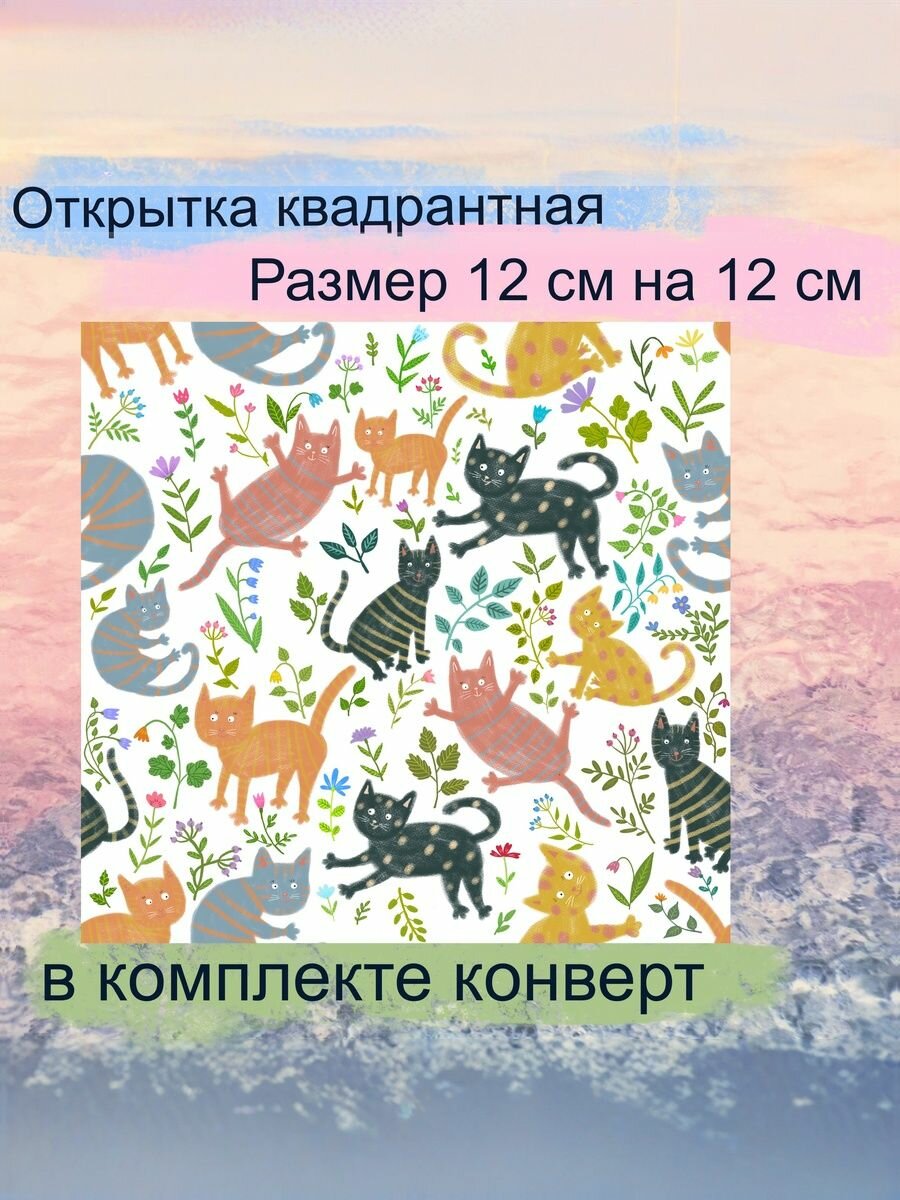 Открытка с милыми котиками. Поздравительная квадратная открытка с конвертом
