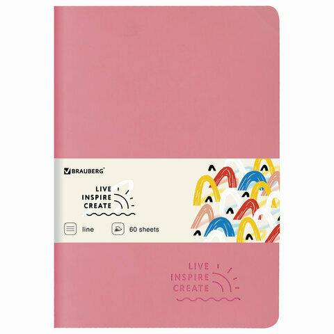 Тетрадь 60 л. в линию обложка кожзам SoftTouch, сшивка, B5 (179×250мм), розовый, BRAUBERG RAINBOW