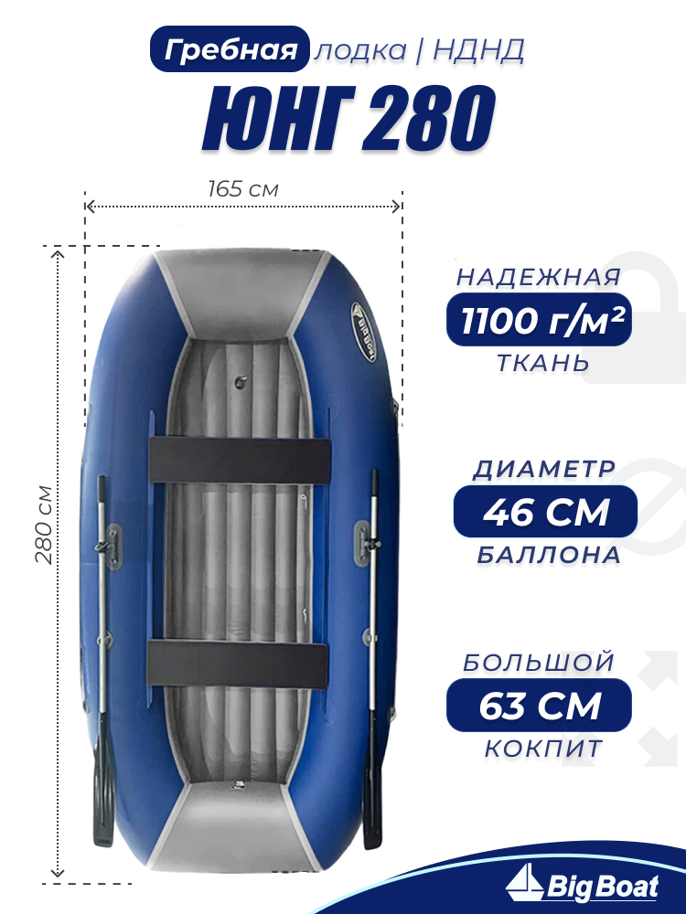 Гребная лодка ПВХ Big Boat Юнг 280, армированный ПВХ, 3 места, грузоподъемность 450 кг