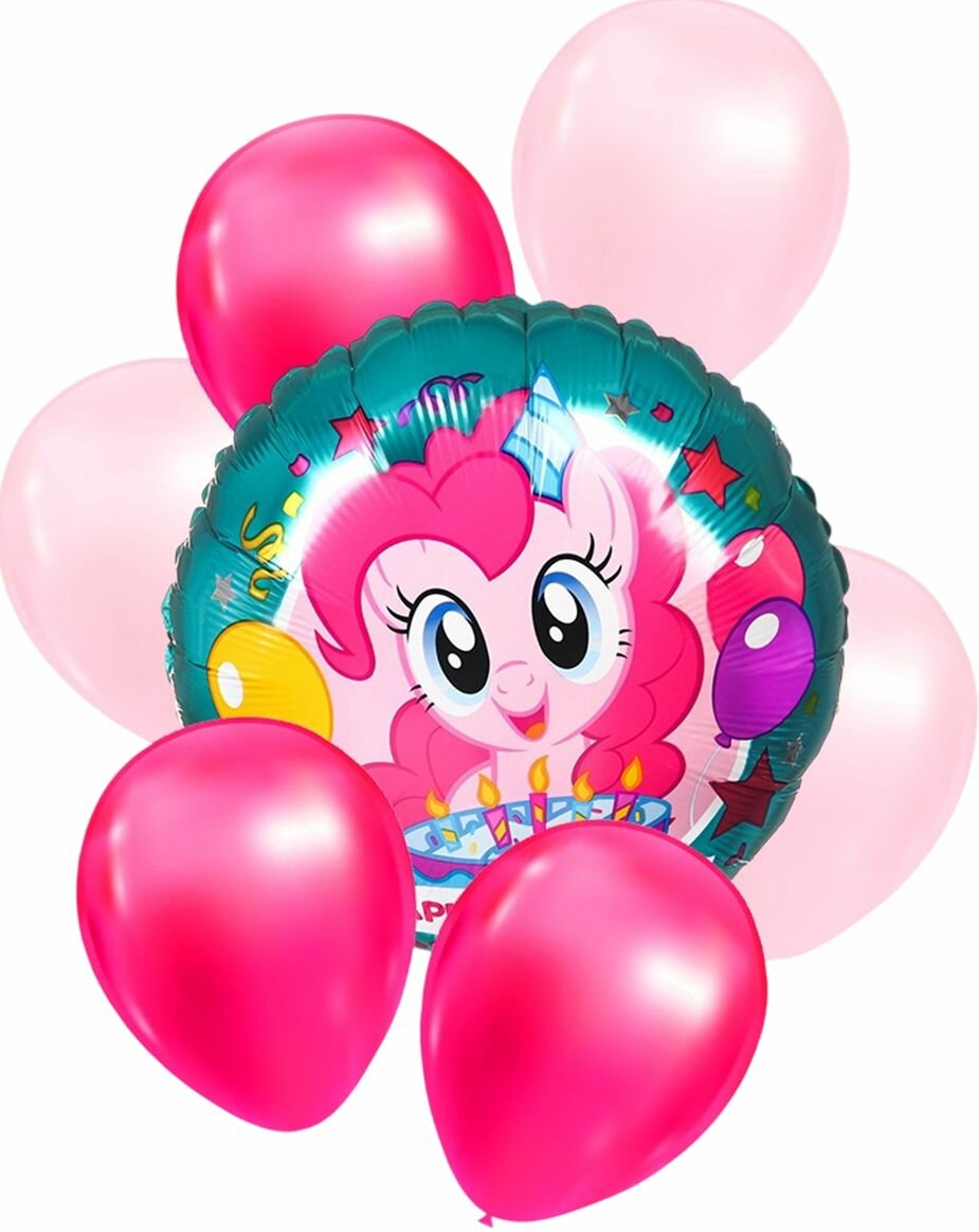 Воздушные латексные шары "Пони My Little Pony" без рисунка, надувной фольгированный шарик-круг с рисунком, надувные воздушные из фольги и латекса, набор 7 штук, цвет розовый