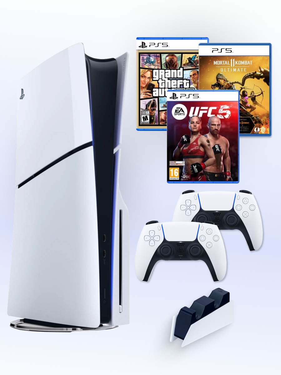 Игровая приставка Sony PlayStation 5 Slim, 1ТБ(с дисководом), 2й белый + GTA5+UFC+Mortal Combat11