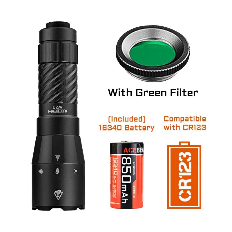 Тактический фонарь ACEBEAM W20 LEP для охоты Black With Filter
