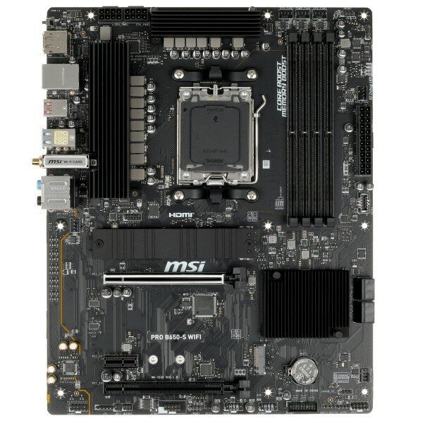Материнская плата MSI PRO B650-S WIFI. AM5. AMD B650. 4xDDR5. 4xSATA. 2xM.2. 1xPCI-E 4.0 x16. 1xPCI-E 4.0 x4. 1xHDMI. 1xDP. 1x2.5Gb LAN. 3xUSB 3.2 Gen