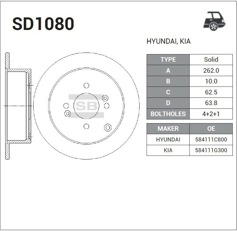 Тормозной диск задний SANGSIN SD1080 Hyundai Accent III Mc 05-10