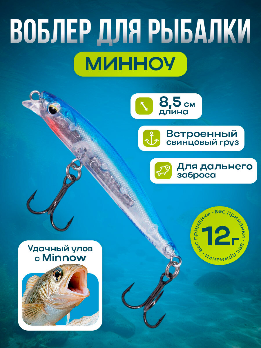 Воблер для рыбалки Minnow, для дальнего заброса, 8.5см/12 г, сине-прозрачная