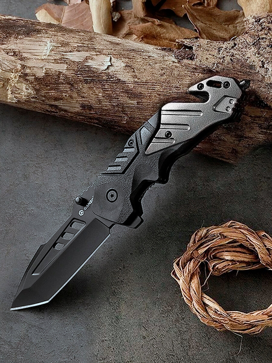 Нож Ganzo G629-GY складной серый, EDC с стропорезом и стеклобоем, нержавейка 8CR14, длина лезвия 8,1 см. клинок tanto