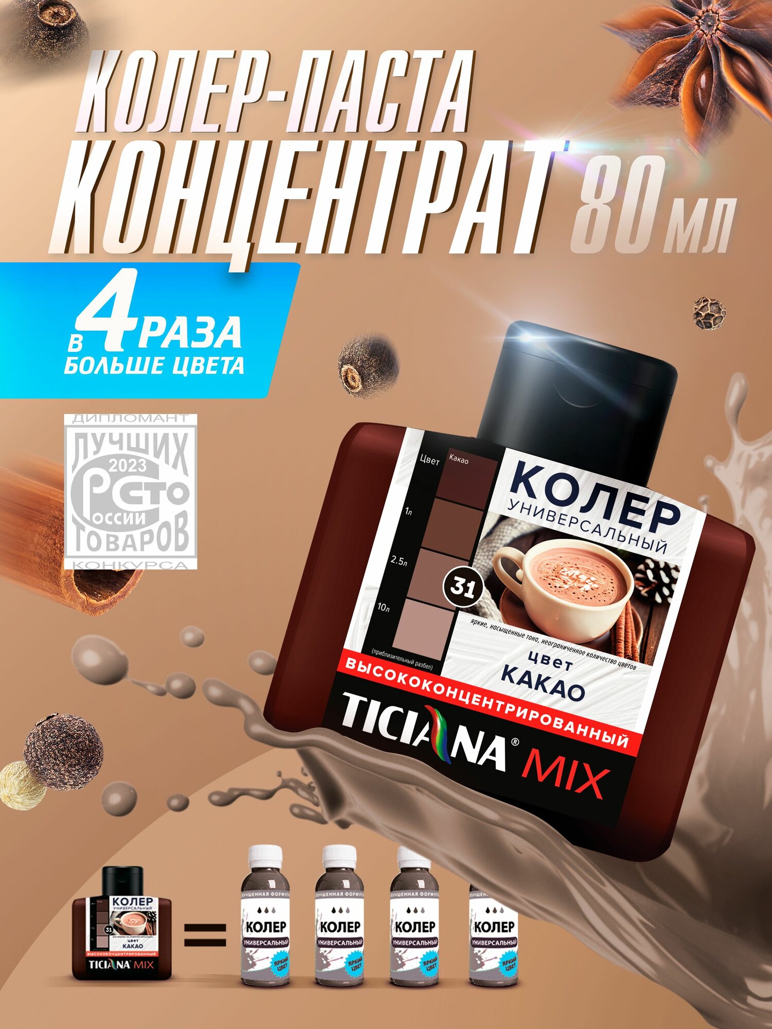 Колер-концентрат для краски универсальный TICIANA MIX, колер-паста насыщенная, Цвет: Какао, 80 мл