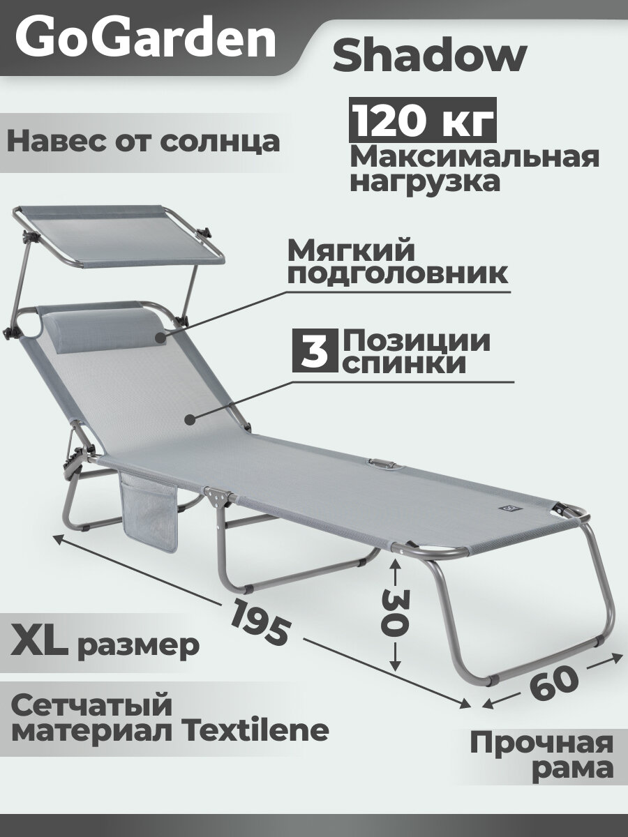 Складной шезлонг с навесом от солнца GoGarden Shadow, тёмно-серый