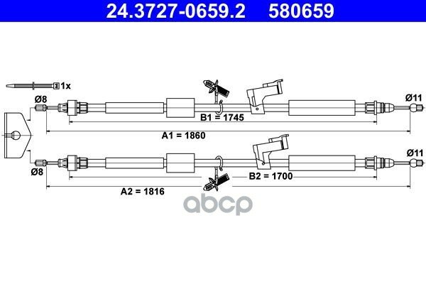 Трос ручного тормоза [диск.] FORD FOCUS/C-MAX 1.4-2.0 10.03-> Ate арт. 24-3727-0659-2