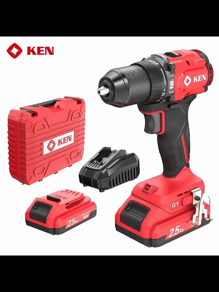 Шуруповерт KEN бесщеточный 20В 55Нм 2.5Ач 2шт 2скор, кейс, красный
