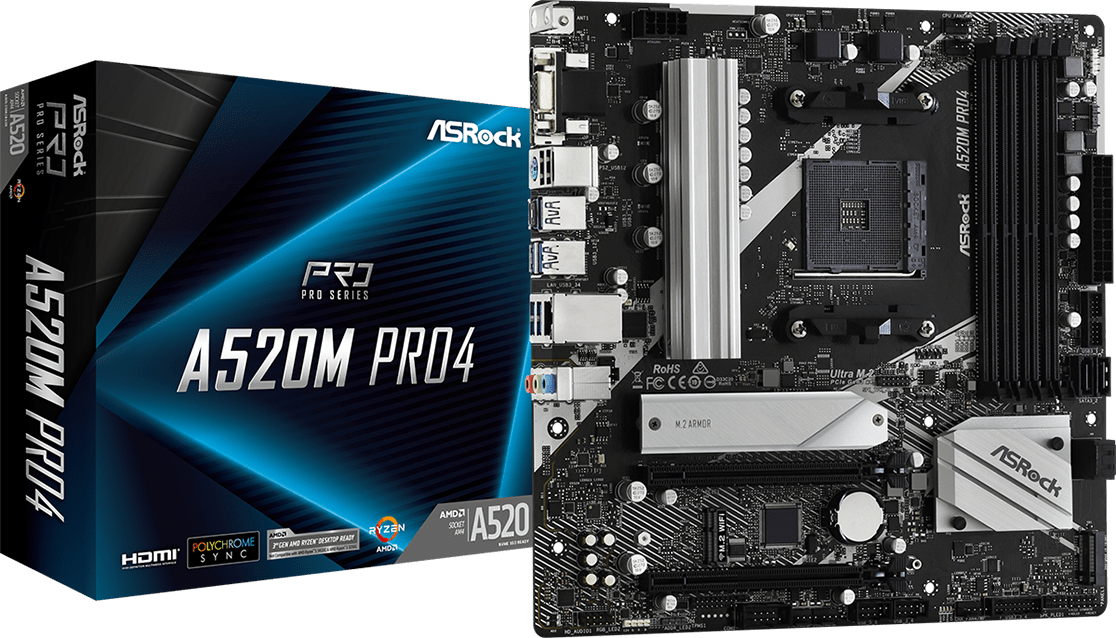Материнская плата ASRock A520M Pro4 (mATX, A520, 4хDDR4, 1хM.2, 2хPCI Express 3.0 x16, 1хD-Sub, 1хHDMI, 1хDisplayPort)