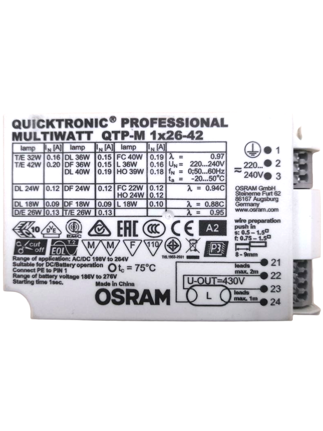 ЭПРА Osram QTP-M 1x26-42 QUICKTRONIC PROFESSIONAL мульти ваттный, для одной ламп Dulux F, L, D/E, T/E, FC, L, FQ