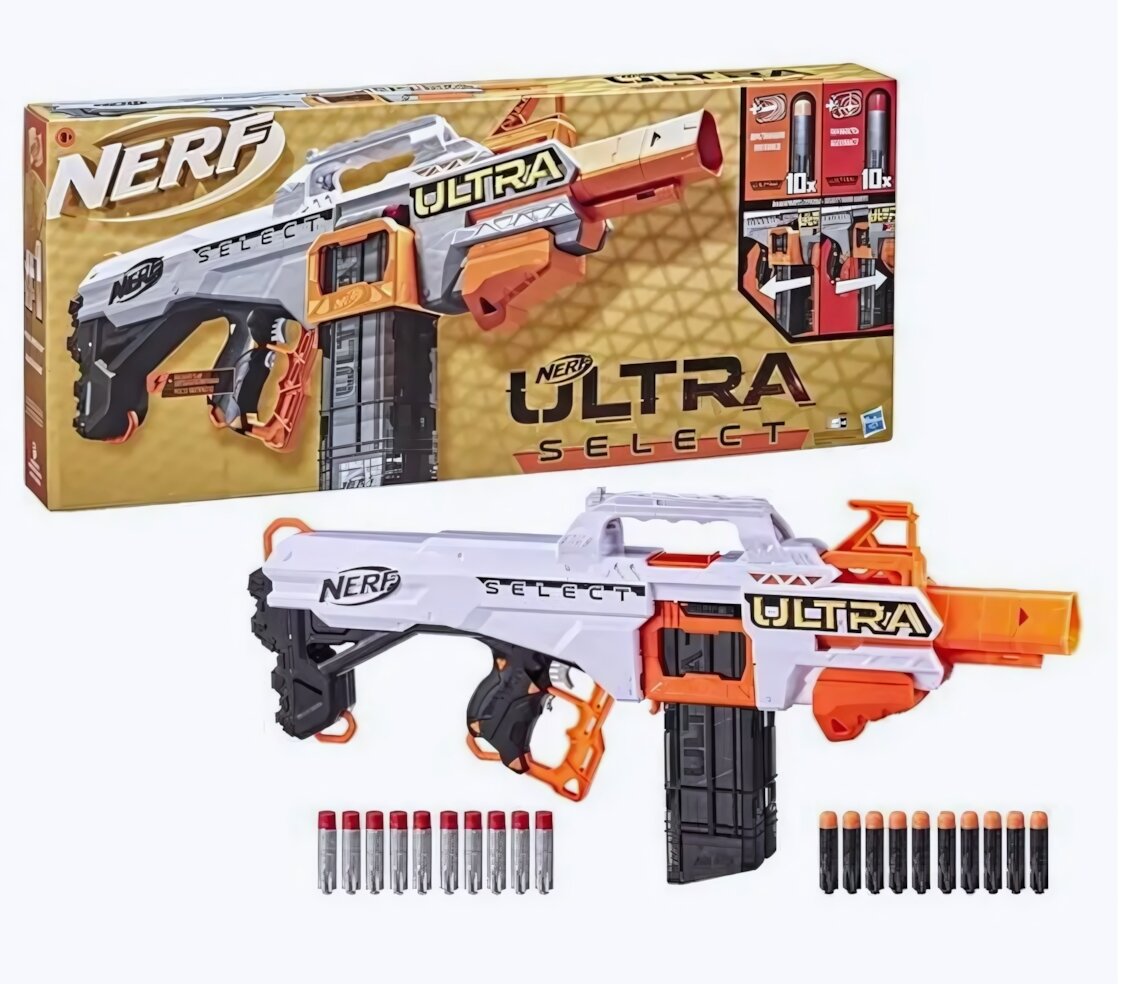 Бластер Nerf Ultra Select, 2 обоймы по 10 стрел, моторизованный, цвет белый/оранжевый
