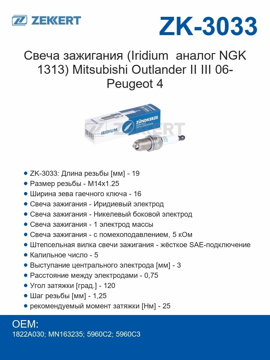 Zekkert Свеча зажигания ридиевая Mitsubishi Outlander 2,3 с 2006 года/ Peugeot 4007 с 2007 г./ 4008 с 2012 г./ Citroen C-Crosser с 2008 года