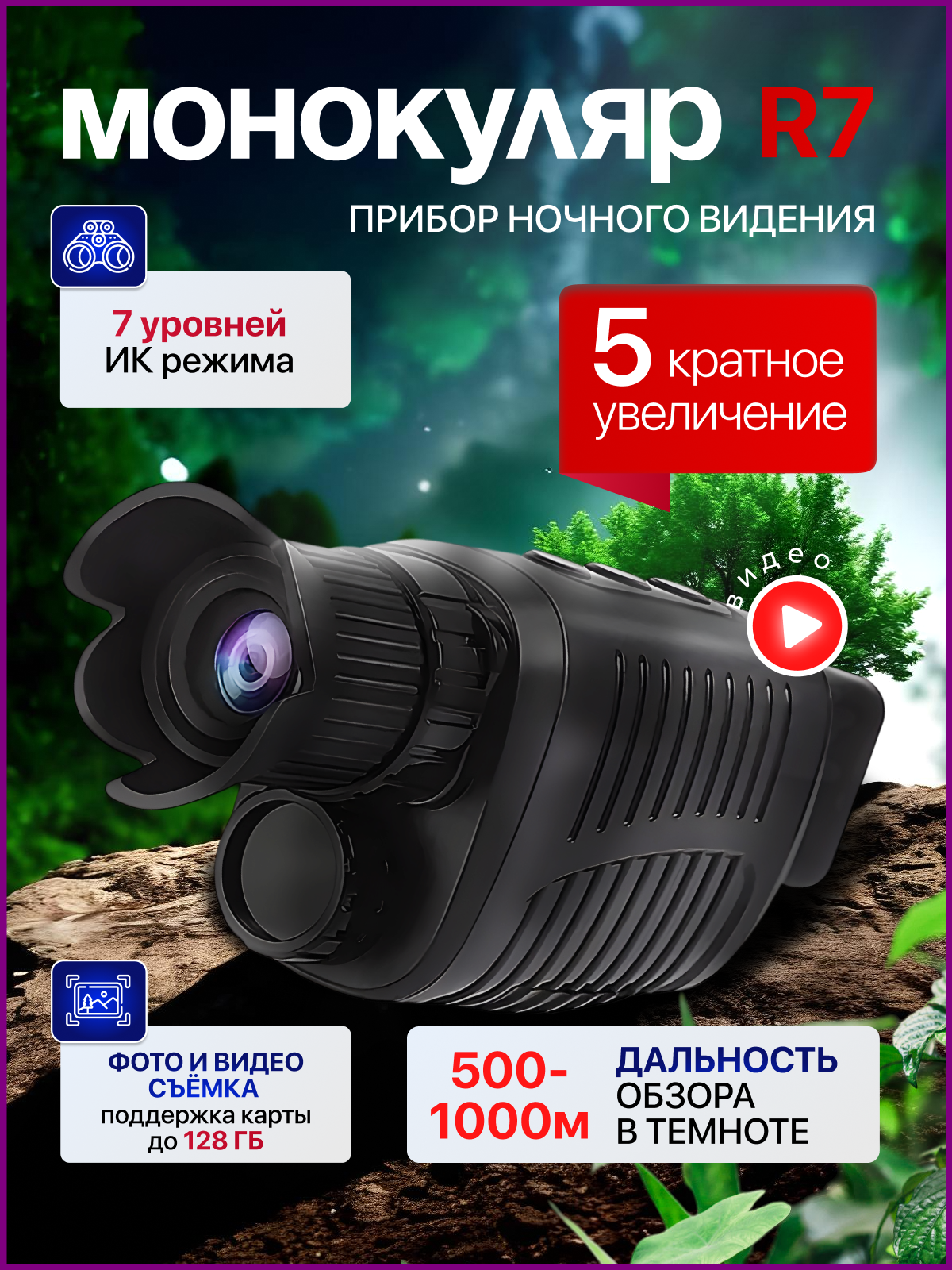 Прибор ночного видения монокуляр TAYMLUX R7 цифровой для охоты, военный 850 nm инфракрасный 1080P высокой четкости