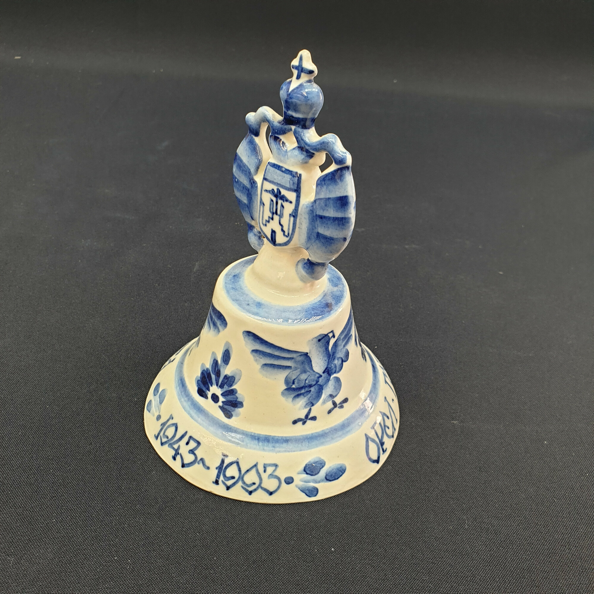 Винтажный колокольчик Орел - город первого салюта 16 см, керамика, роспись гжель. СССР