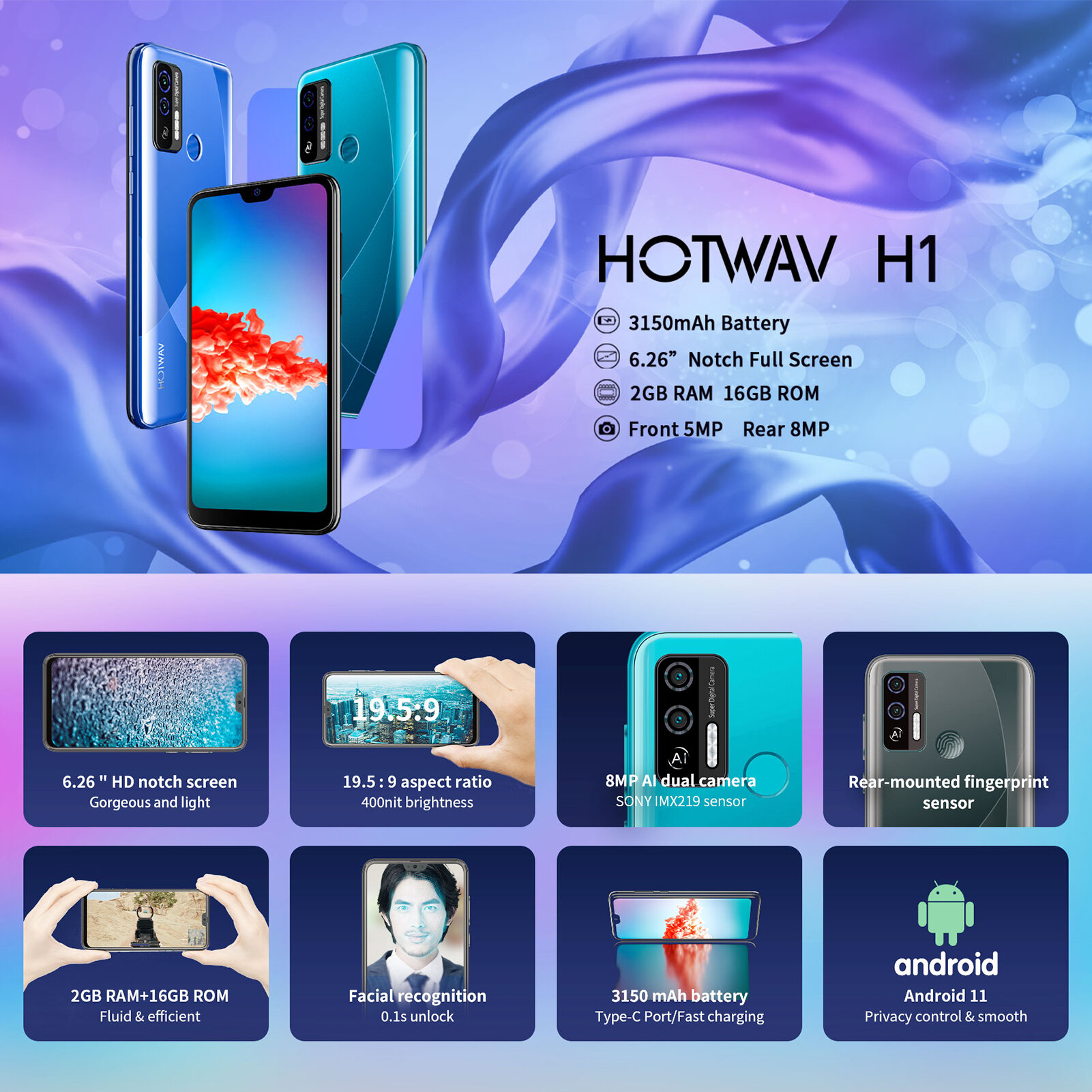 Смартфон HOTWAV H1: Аккумулятор 3150 мАч, экран 6.26 дюймов HD, ультратонкий, 2 ГБ ОЗУ, 16 ГБ ПЗУ, о