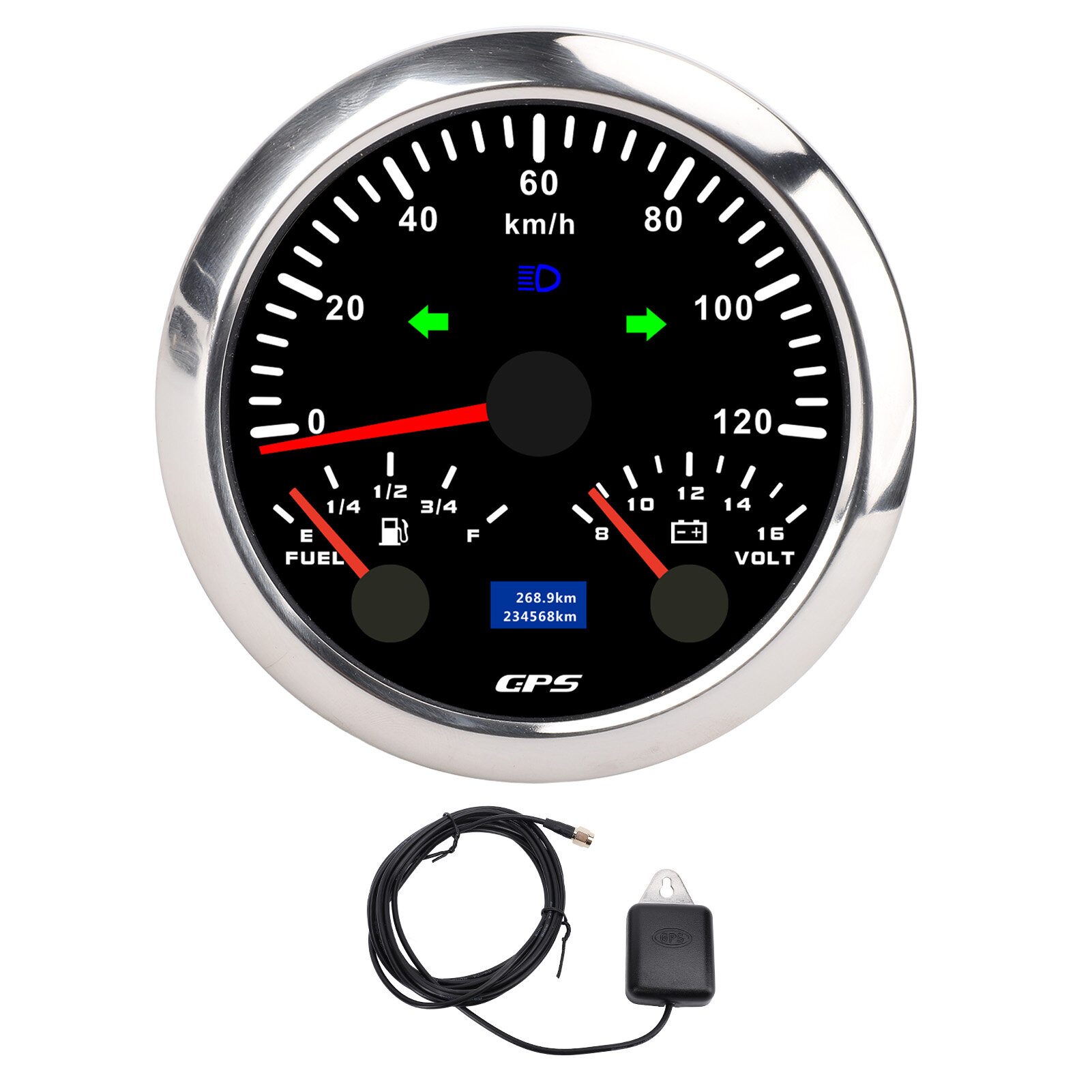 Gps спидометр одометр 85 мм 3 в 1 с вольтметром указателем уровня топлива поворотником 120 км ч для авто яхты грузовика 7 цветов подсветки черный циферблат серебряный ободок cx8303