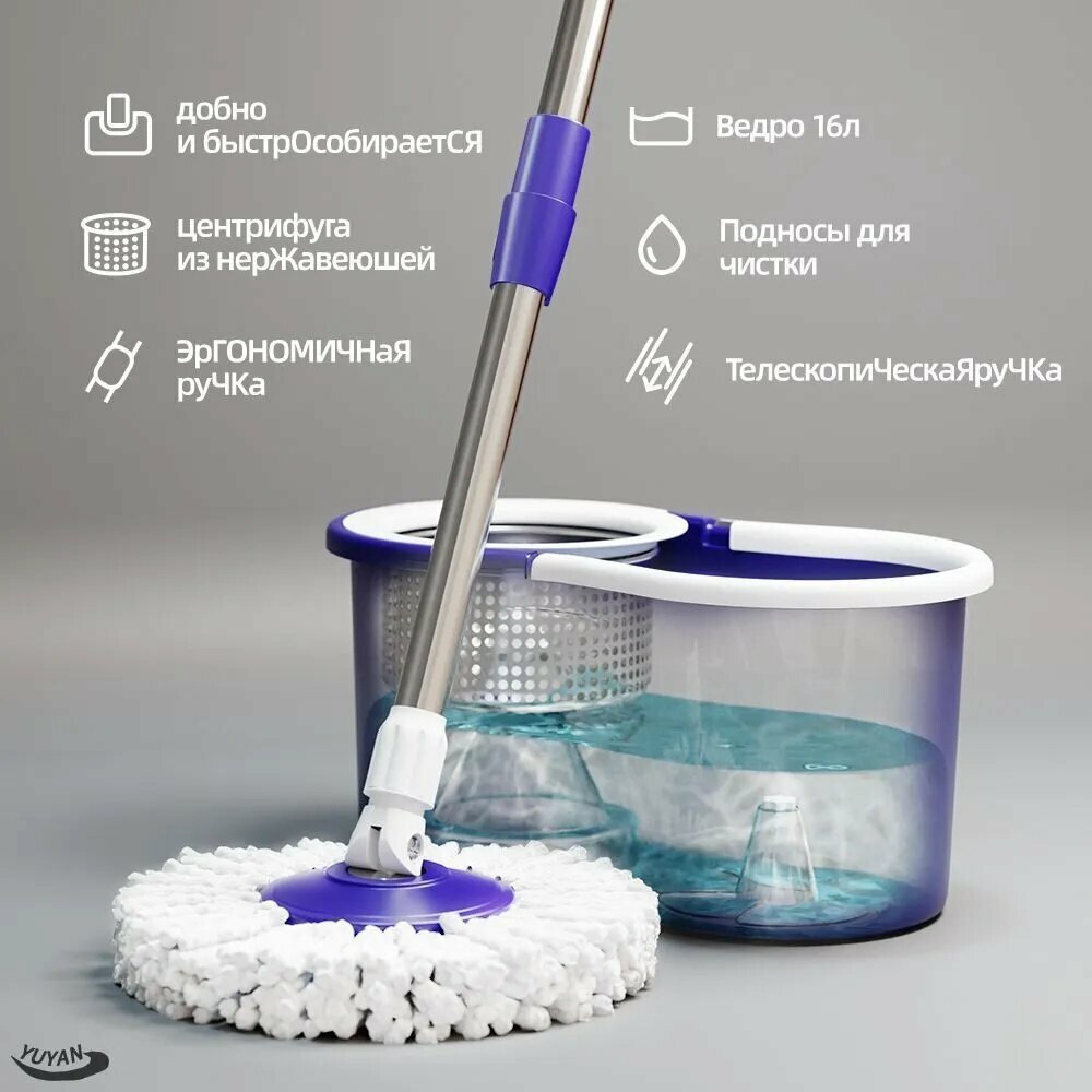 Телескопическая ручка швабры 125см, самоотжимная конструкция, 3 запасных круглых насадки — фото 1