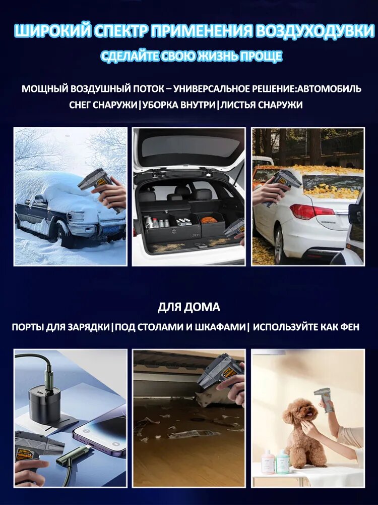 Воздуходувка аккумуляторная турбовентилятор 220 Вт 130000 об/мин 8000 мАч двойная батарея — фото 1