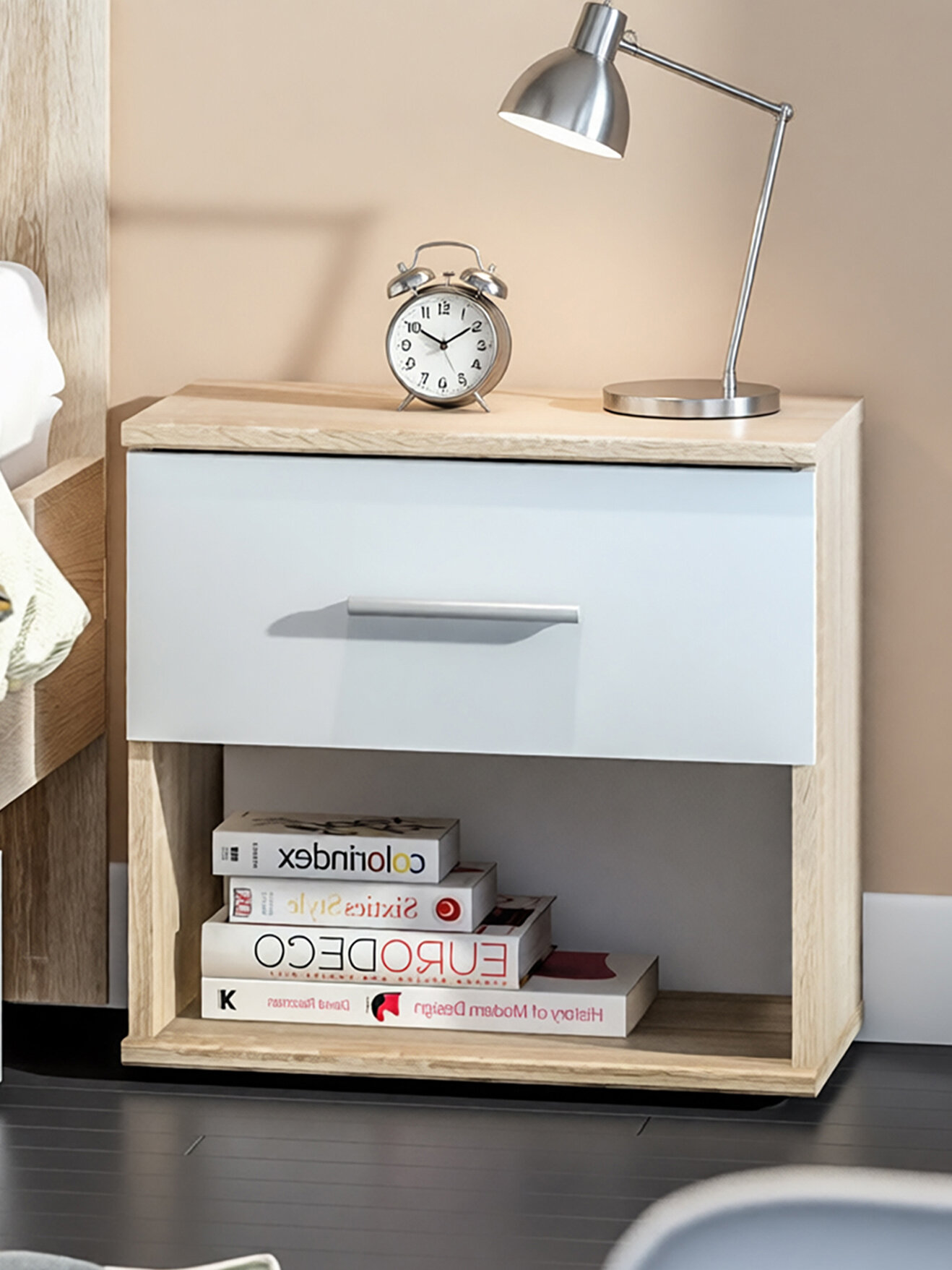 Тумба прикроватная столплит Мамбо СБ-2683. Н с ящиком, с полкой, кдсп Дуб Сонома/Белый, 45*44*35 см