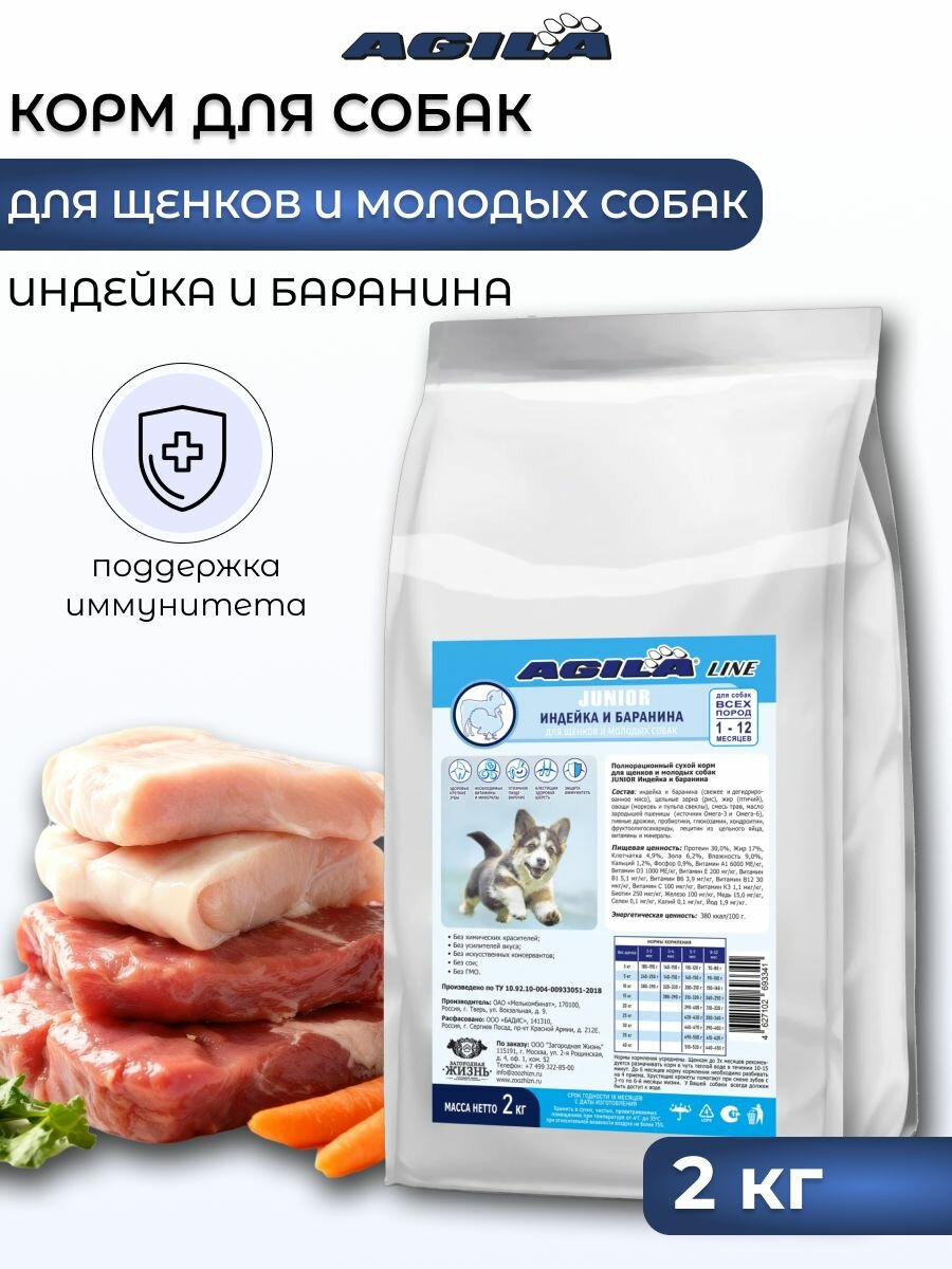 AGILA LINE Junior Сухой корм для щенков и молодых собак, Индейка и баранина, 2 кг