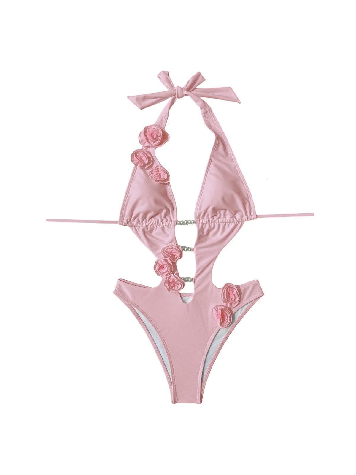 Женский Купальник-Монокини с Глубоким V-образным Вырезом и Открытой Спиной, Украшенный Цветочным Жемчугом, для Пляжного Отдыха