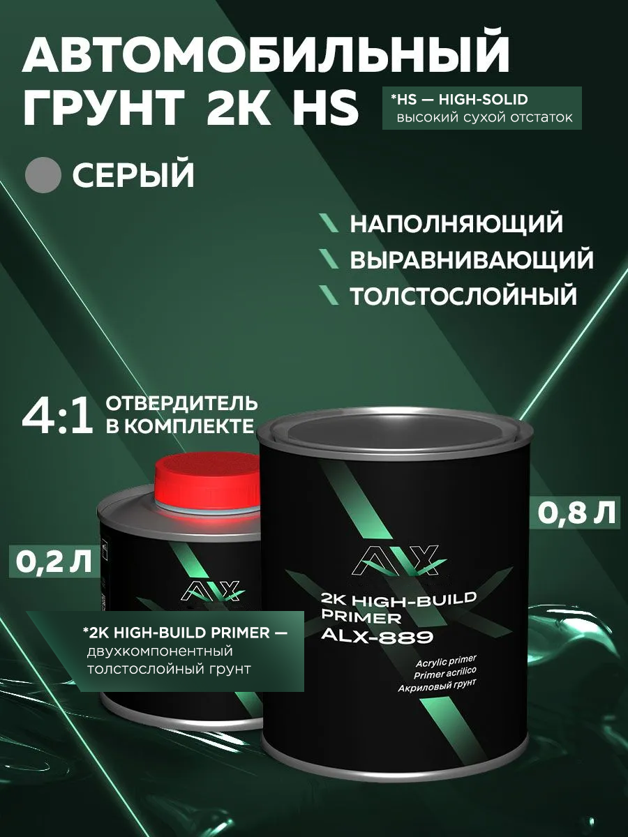 Грунтовка для автомобиля 2к 4+1 серая 0,8л + 0,2л с отвердителем / ALX / грунт автомобильный толстослойный