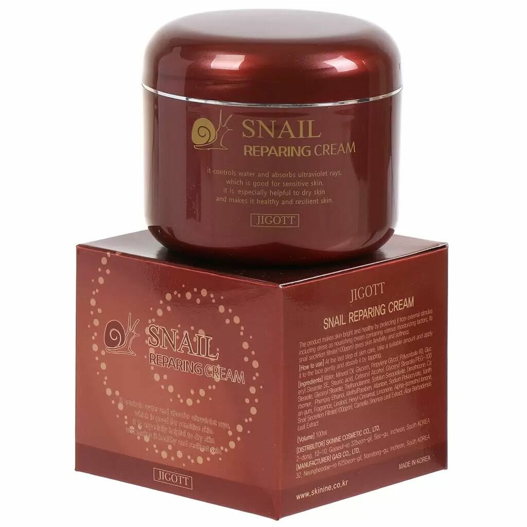 Питательный крем для лица Jigott Snail Repairing Cream с муцином улитки, 100 г, корейская косметика, любой тип кожи