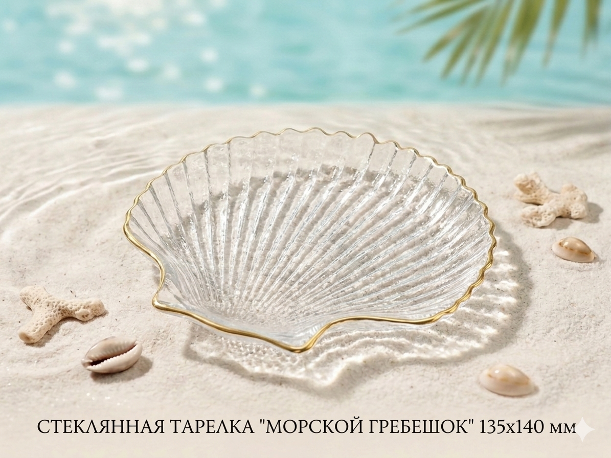 Стеклянная тарелка "Морской Гребешок", 135х140 мм, золотистый ободок, 1 шт