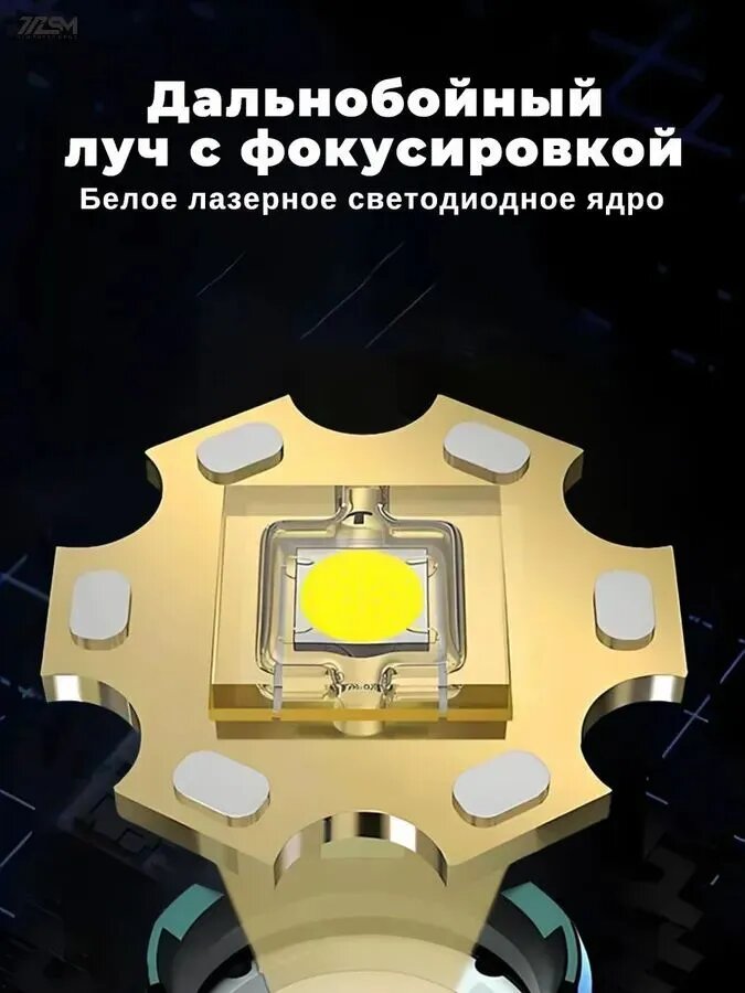 Фонарь-прожектор светодиодный, 2000м, 5 режимов работы, с регулируемым ZOOM, USB зарядка — фото 1
