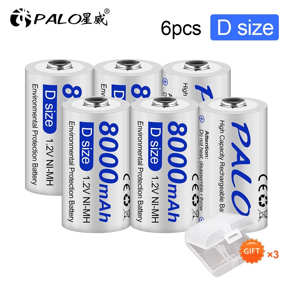 PALO Аккумуляторы типа D 8000 мАч + зарядное устройство 6PCS Battery