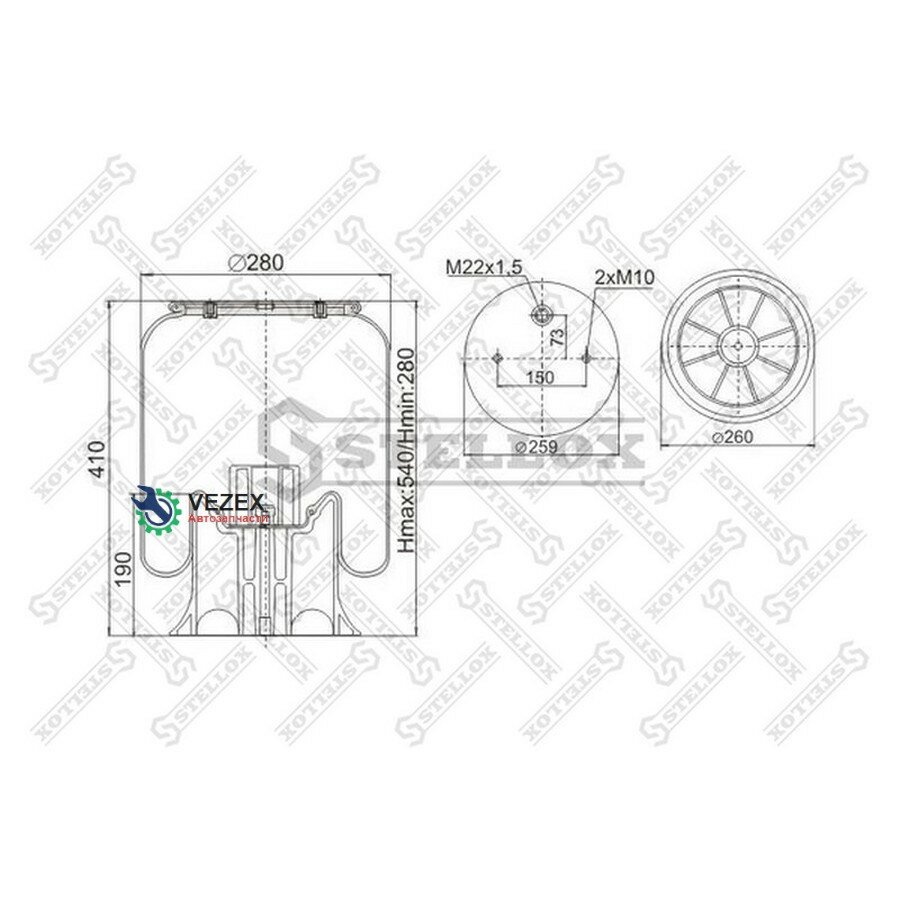 STELLOX 9041582SX пневмоподушка со стак. !2отв. M10 1отв-шт. M22 Порш пластиковый d13.5 \Schmitz/Weweler