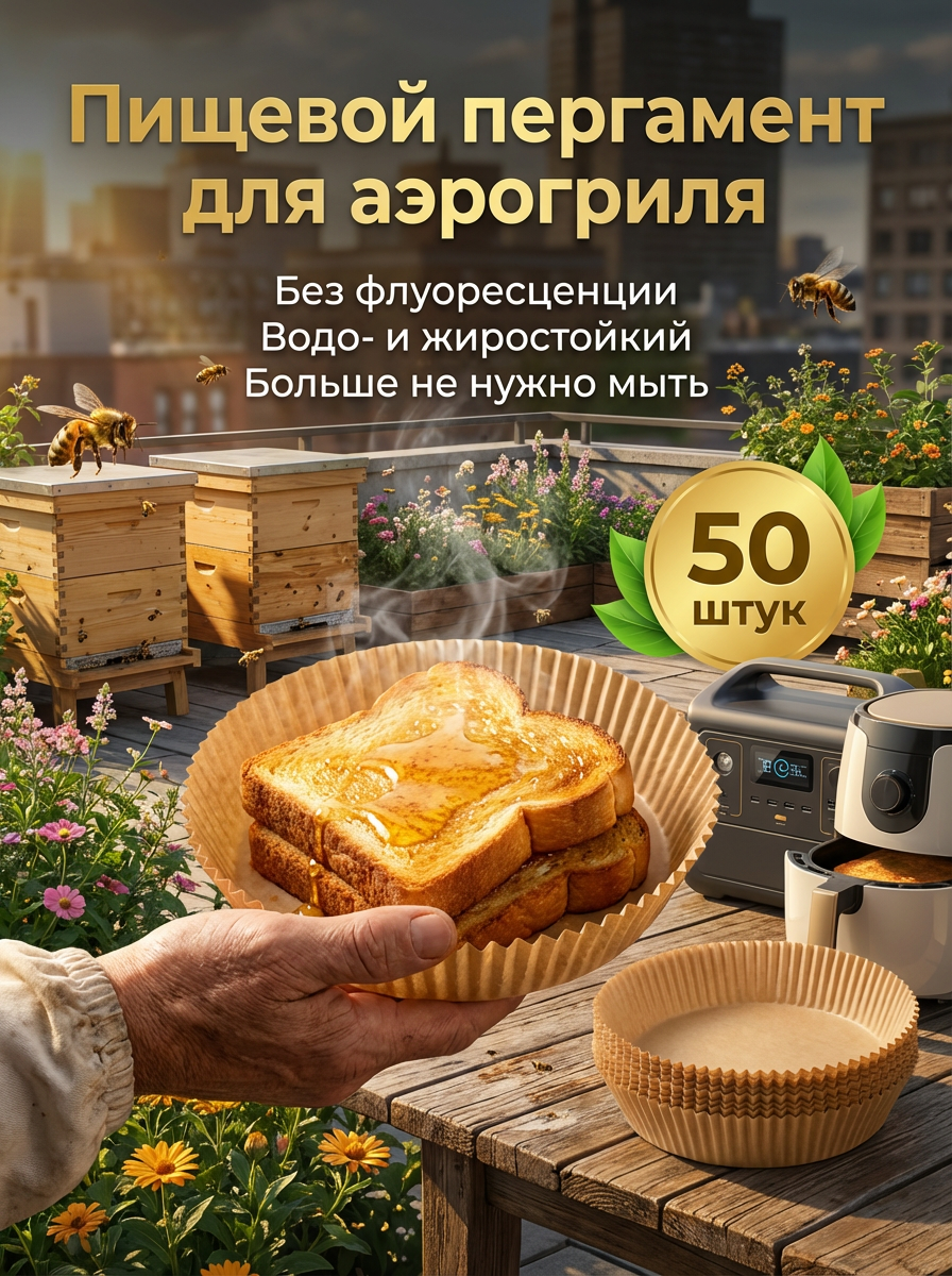 Пергамент вкладыш для аэрогриля, пергаментная бумага для выпечки, форма для выпечки бумажная, цвет бежевый, 20 см, 50 шт