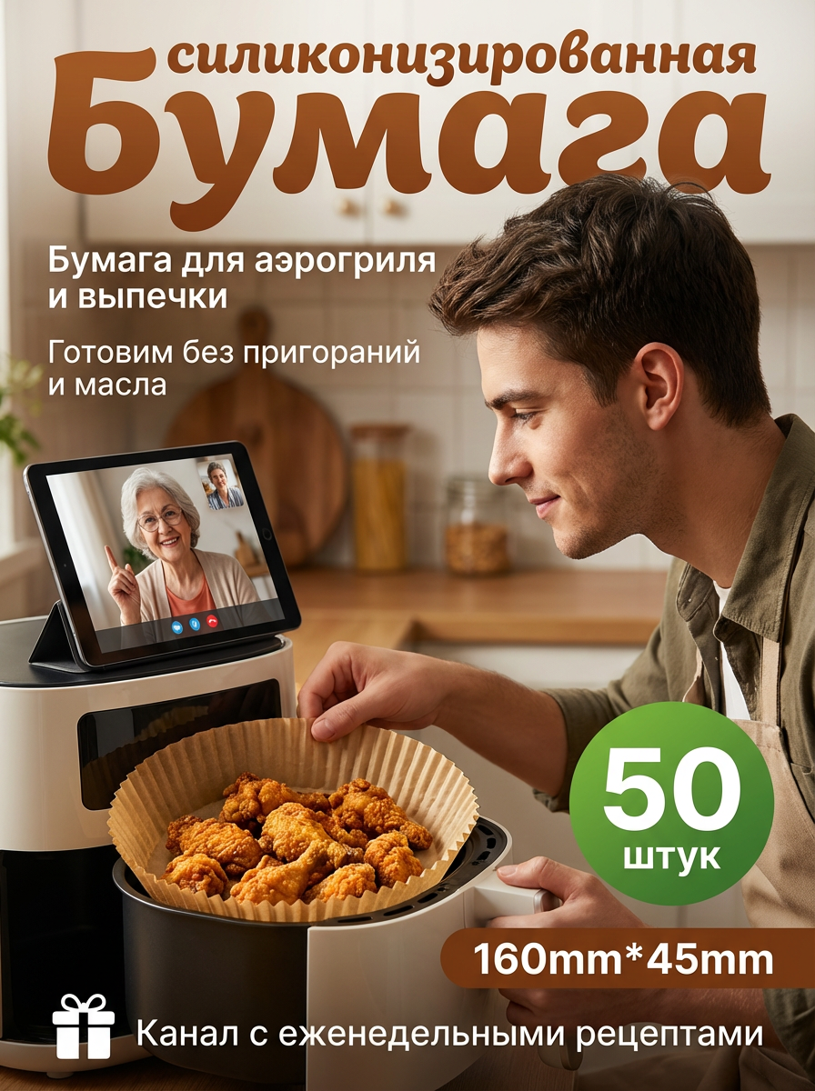 Пергамент вкладыш для аэрогриля, пергаментная бумага для выпечки, форма для выпечки бумажная, цвет бежевый, 20 см, 50 шт