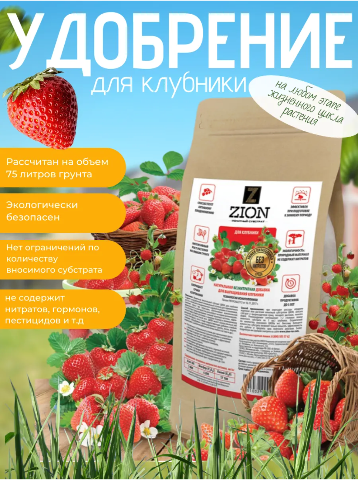 Удобрение для выращивания клубники ионитный субстрат Zion 2,3 кг