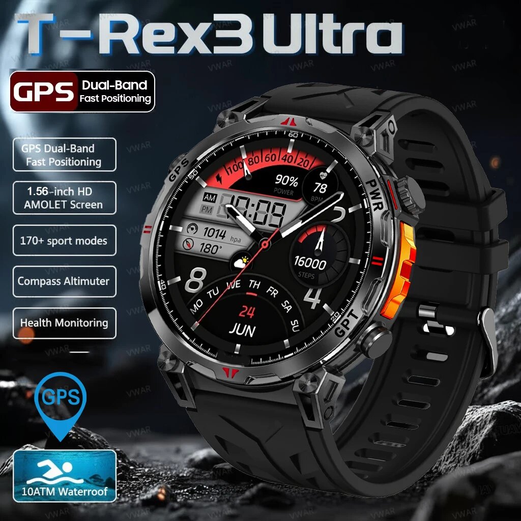 T-Rex3 Ultra GPS Smartwatch Black, 170+ режимов