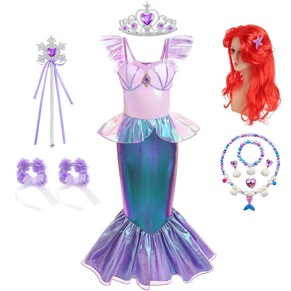 Платье Русалочки маленькой девочки, детский костюм Ариэль для косплея, тематический костюм принцессы на Хэллоуин, яркая детская одежда для карнавала