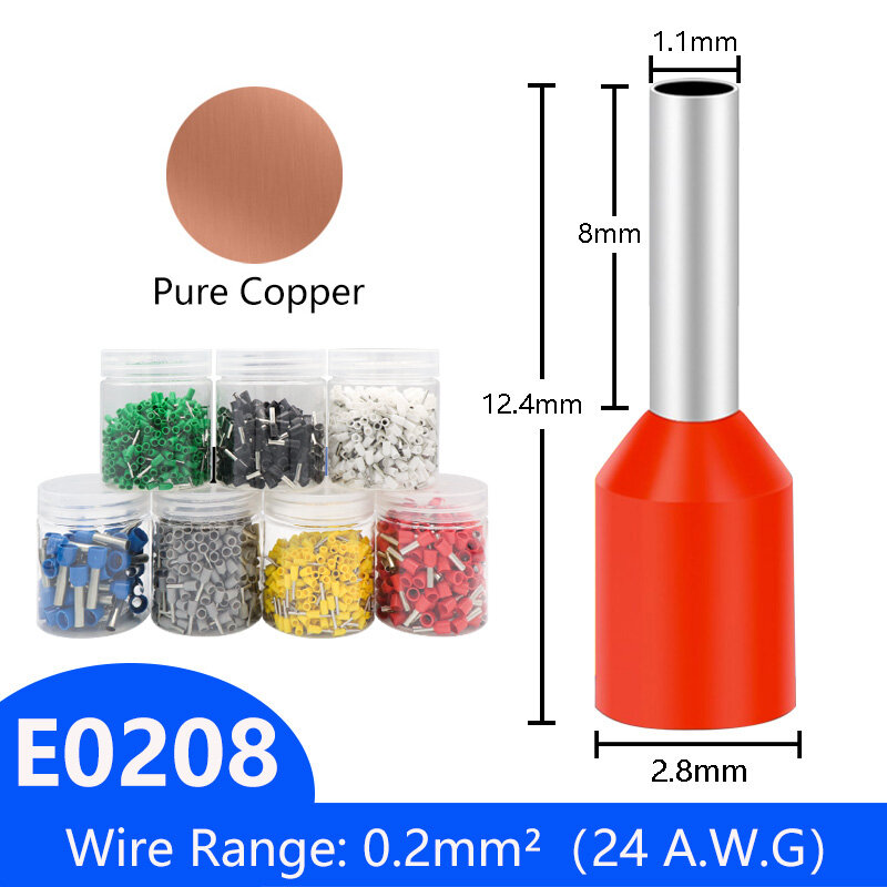 500 шт. E0208 чистый медный концевой зажим для провода Трубчатый обжимной зажим