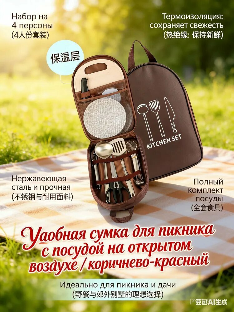Удобная сумка для пикника с посудой на открытом воздухе вместительная, с набором посуды, столовыми приборами, тарелками и стаканами, идеальна для отдыха на природе