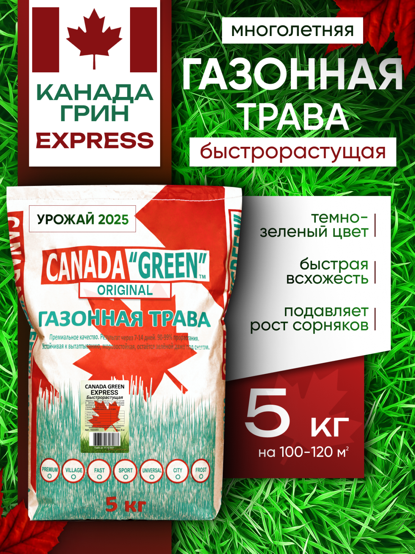 Газонная трава семена Канада Грин EXPRESS Быстрорастущая 5 кг / семена газона райграс, мятлик, овсяница