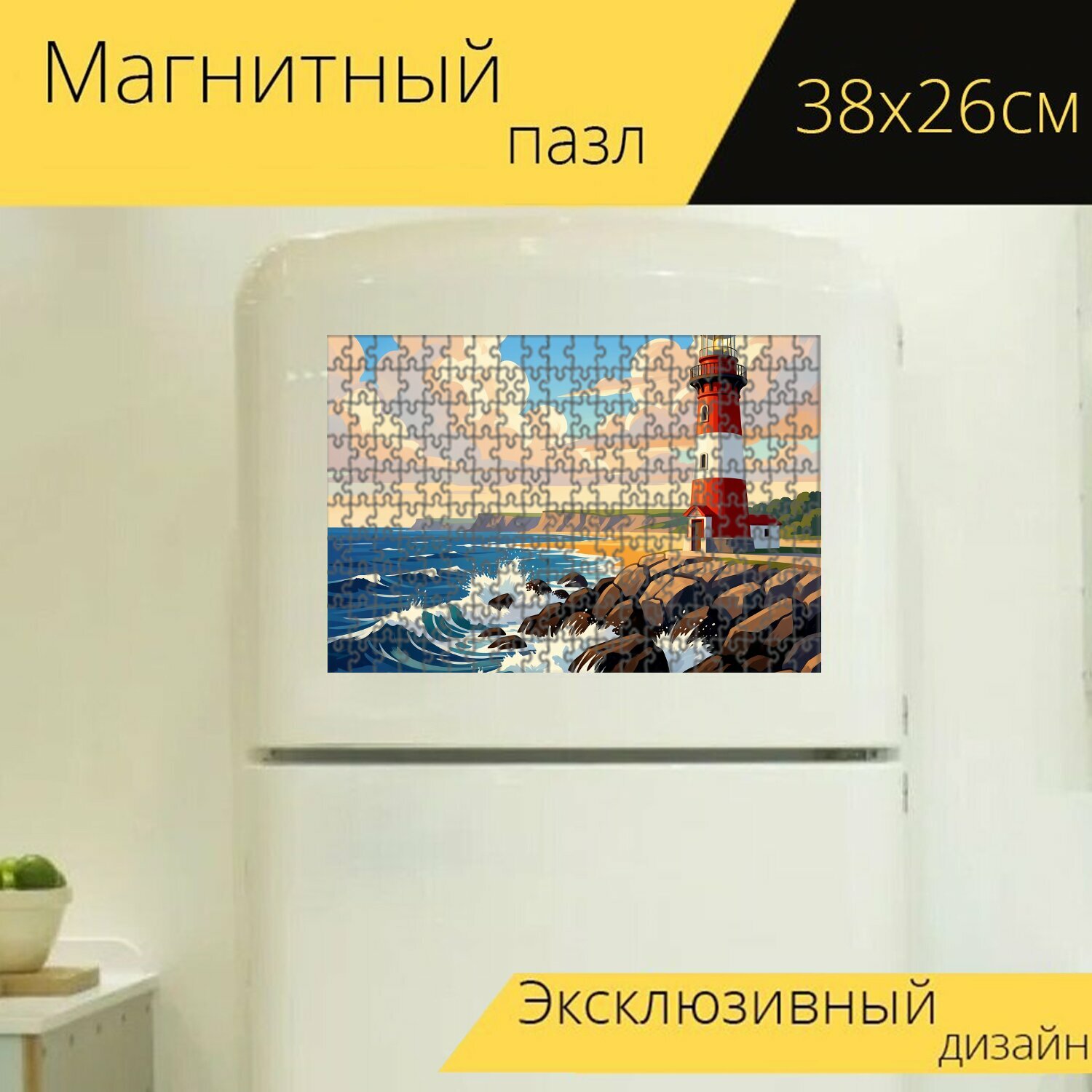 Магнитный пазл "Маяк на морском берегу. Живописный приморский пейзаж с красно-белой башней, скалами и бурными волнами у берега. Небо в пастельных облаках." для интерьера, 38х26 см.