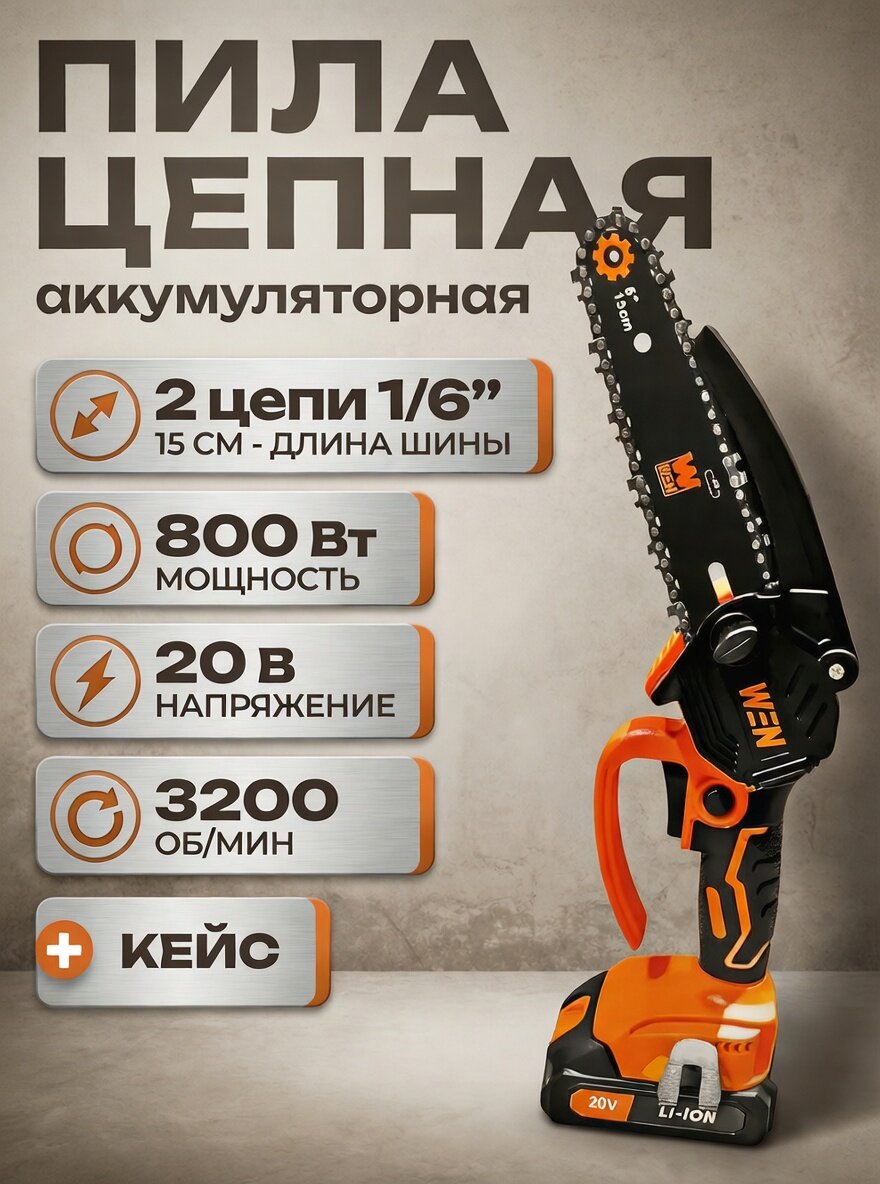 Мини-пила цепная аккумуляторная,20 V. 3200 оборотов, 2 аккум. и цепь в комплекте. 39/22/12 габариты. WEN CS6.
