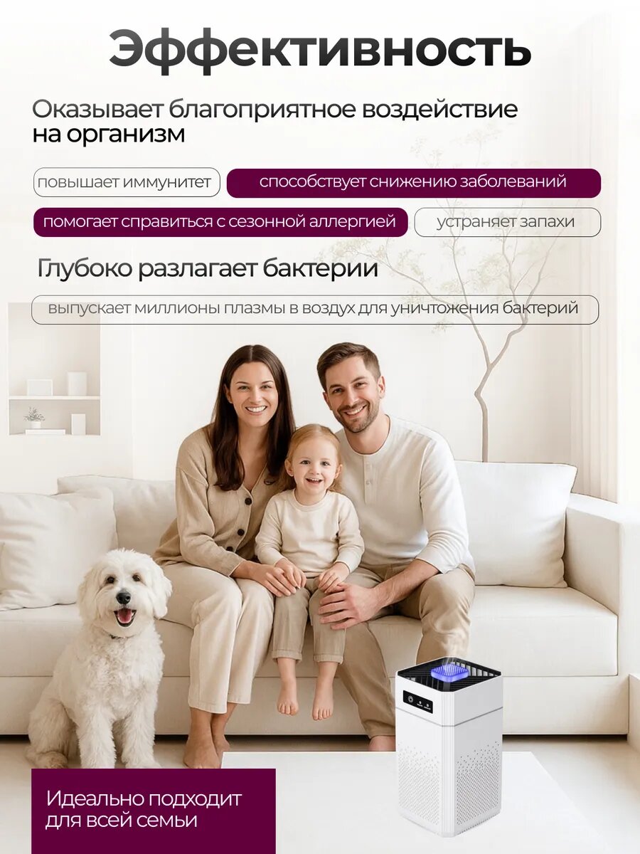Очиститель воздуха для дома с синей подсветкой, 60 м², 35 дб, бесшумный, для квартиры и офиса — фото 1