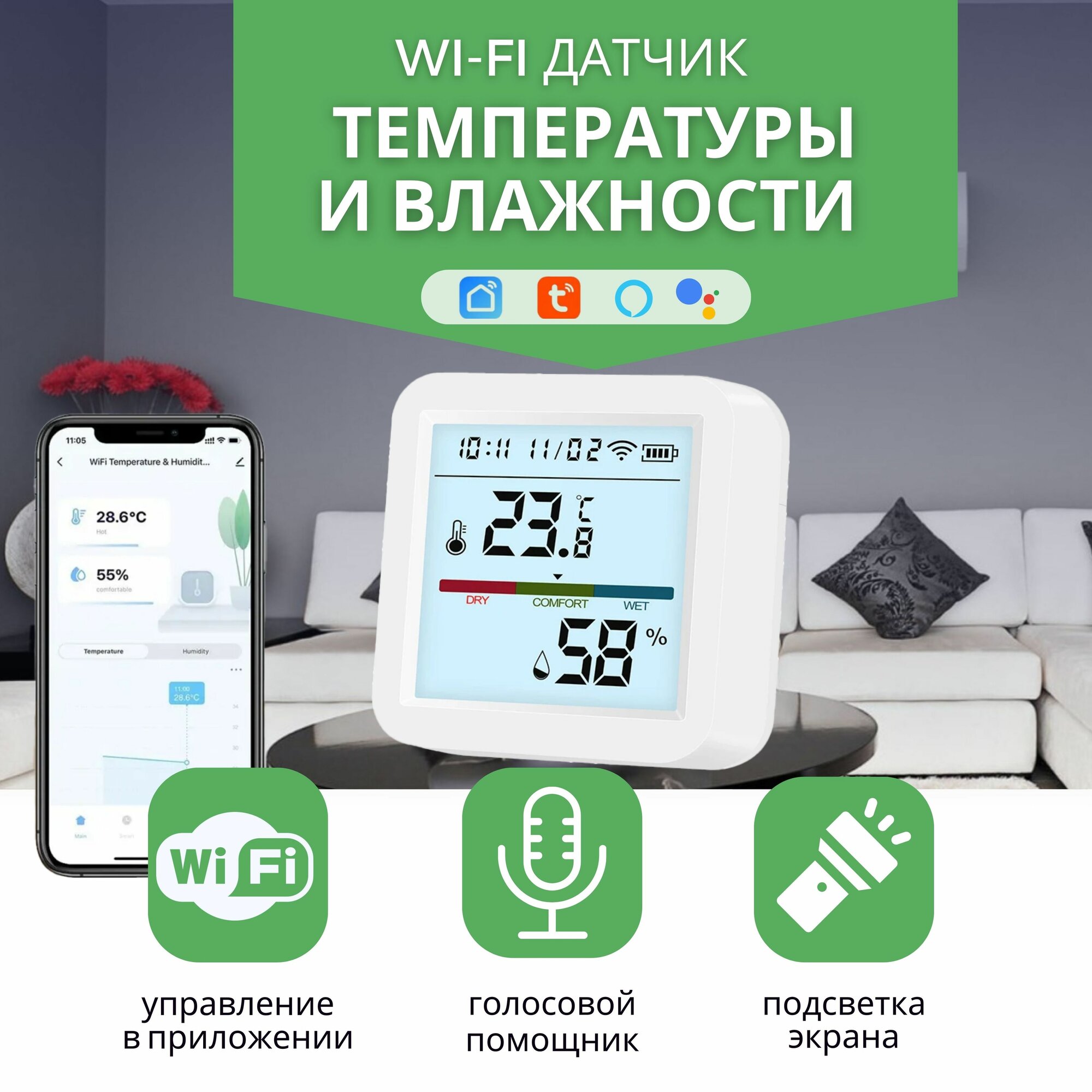 Умный датчик температуры и влажности Wi-Fi Tuya Smart Life