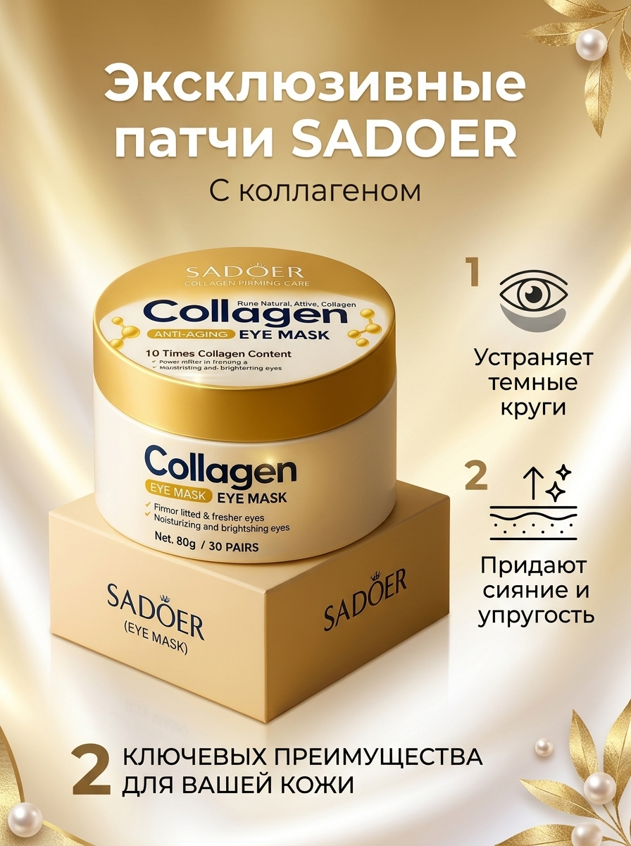 Патчи SADOER, с коллагеном и витамином Е, омолаживающие, для глаз и зоны декольте, 60 шт