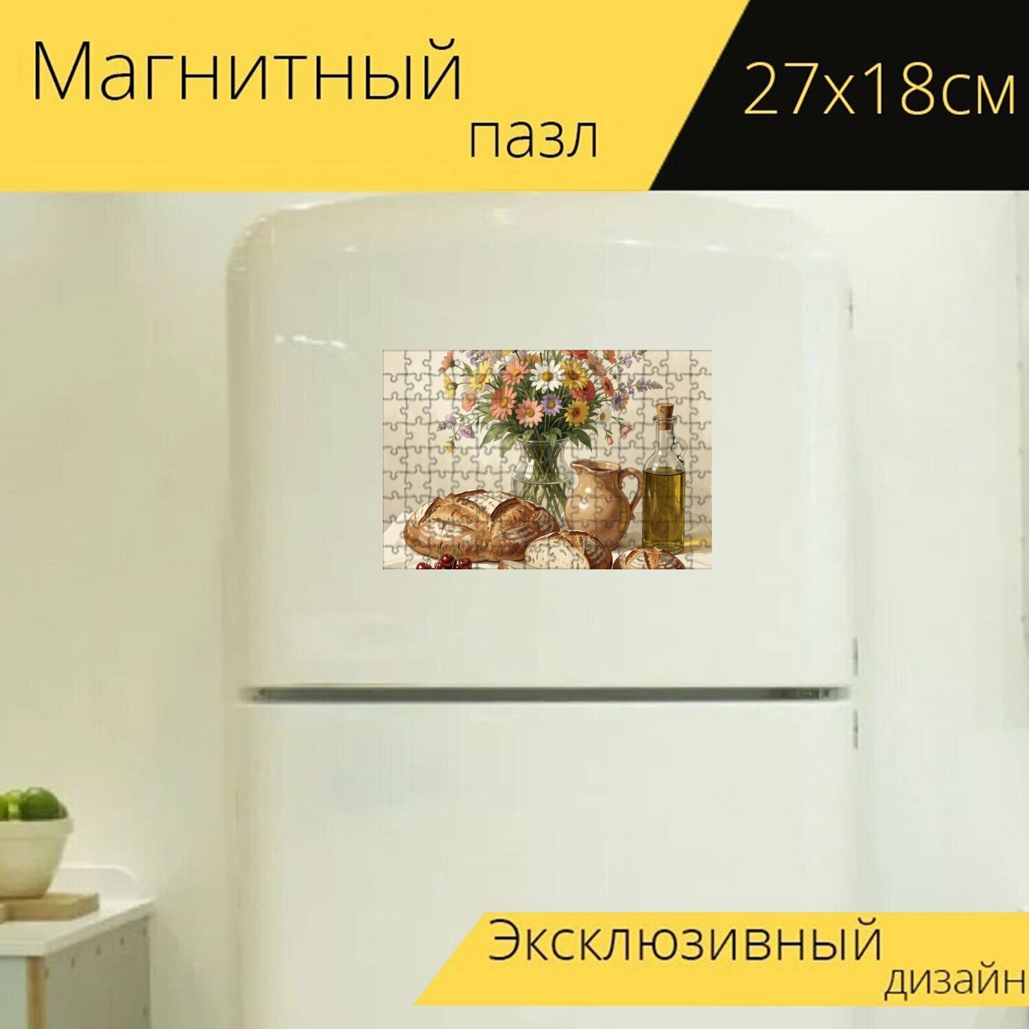 Магнитный пазл "Натюрморт с хлебом и цветами. Уютная композиция в теплых пастельных тонах: свежая выпечка, вишня, оливки, кувшин и бутылка масла рядом с." на холодильник 27 x 18 см.