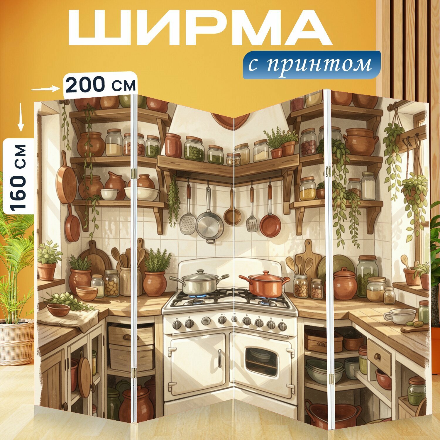 Ширма "Уютная кухня с травами и посудой. Светлая деревенская кухонная сцена в теплых бежевых и терракотовых." перегородка для зонирования комнаты с принтом 200x160 см. на холсте