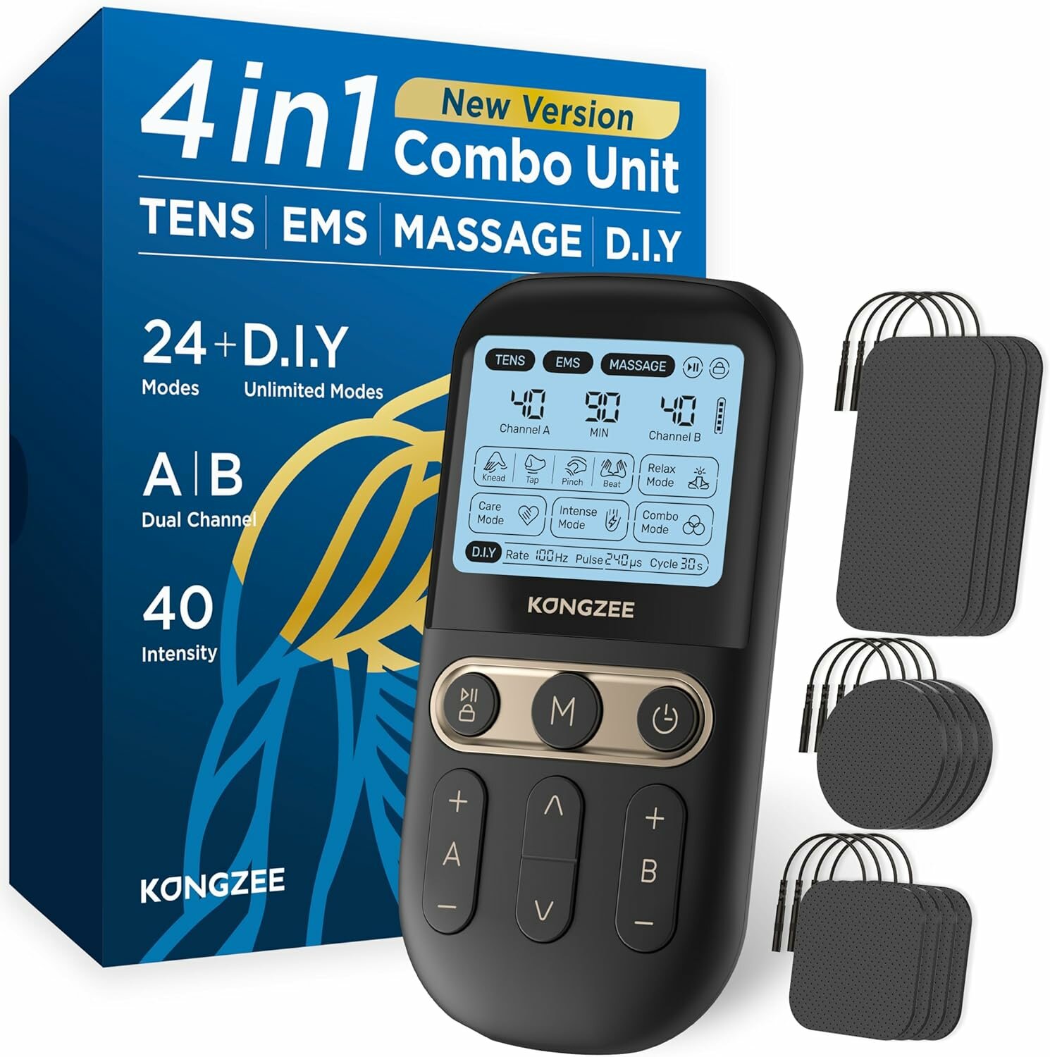 Kongzee Импульсный массажер для снятия боли 4 in 1 - D.I.Y & Tens Unit & EMS & Massage Muscle Stimulator, черный
