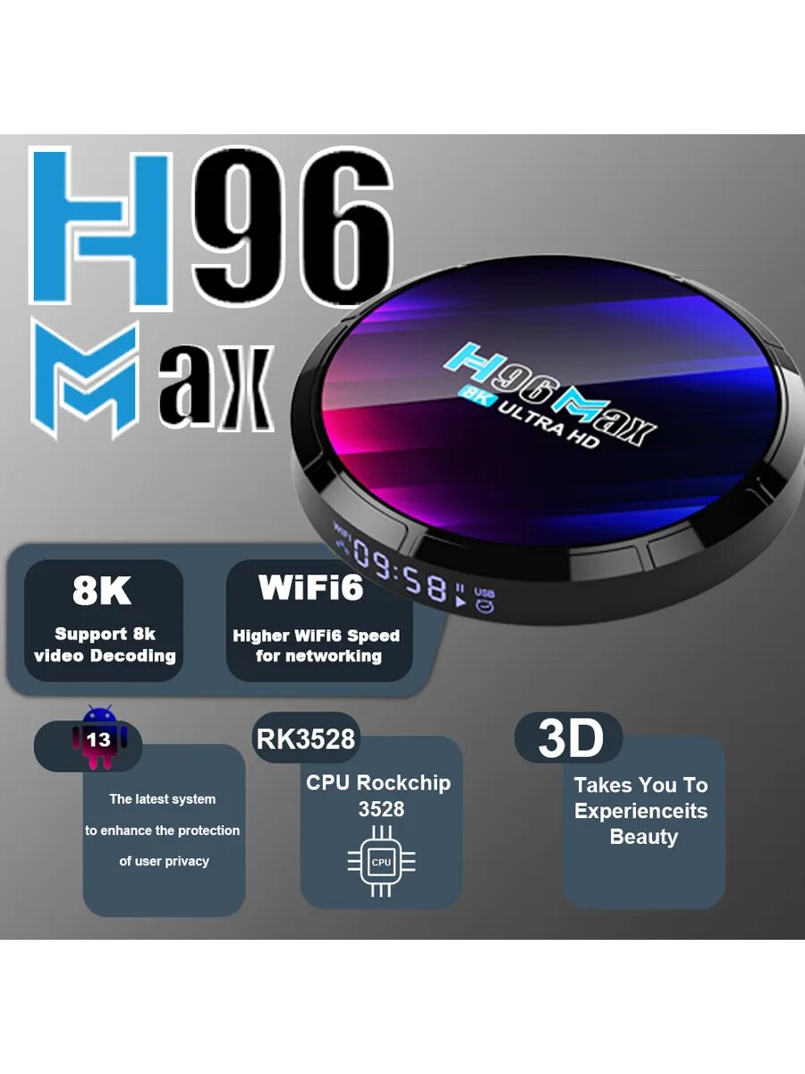 H96MAX 3528 8K ТВ-приставка, поддерживающая WiFi6, 3D, беспроводное отображение с мобильного телефона, высокопроизводимый чип RK3528, 2G16G